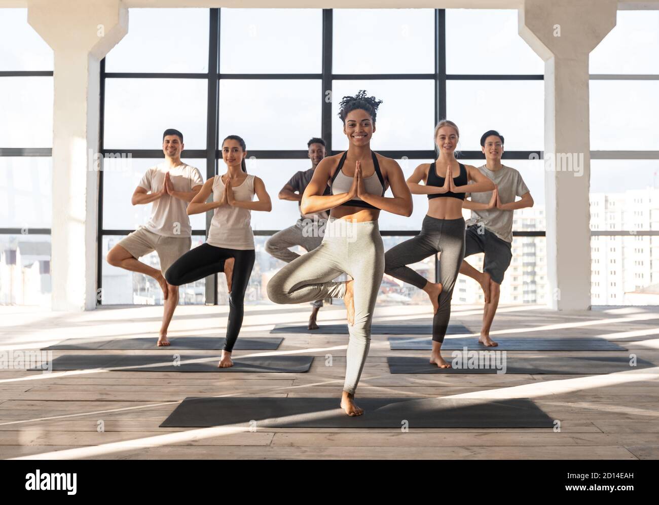Group Of Sporty People Doing Tree Pose Exercise While Practicing ...