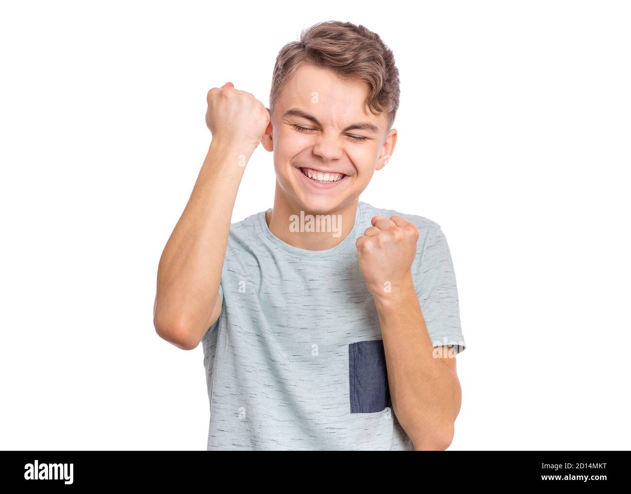 Happy boy showing victory sign isolated on white background Stock Photo ...