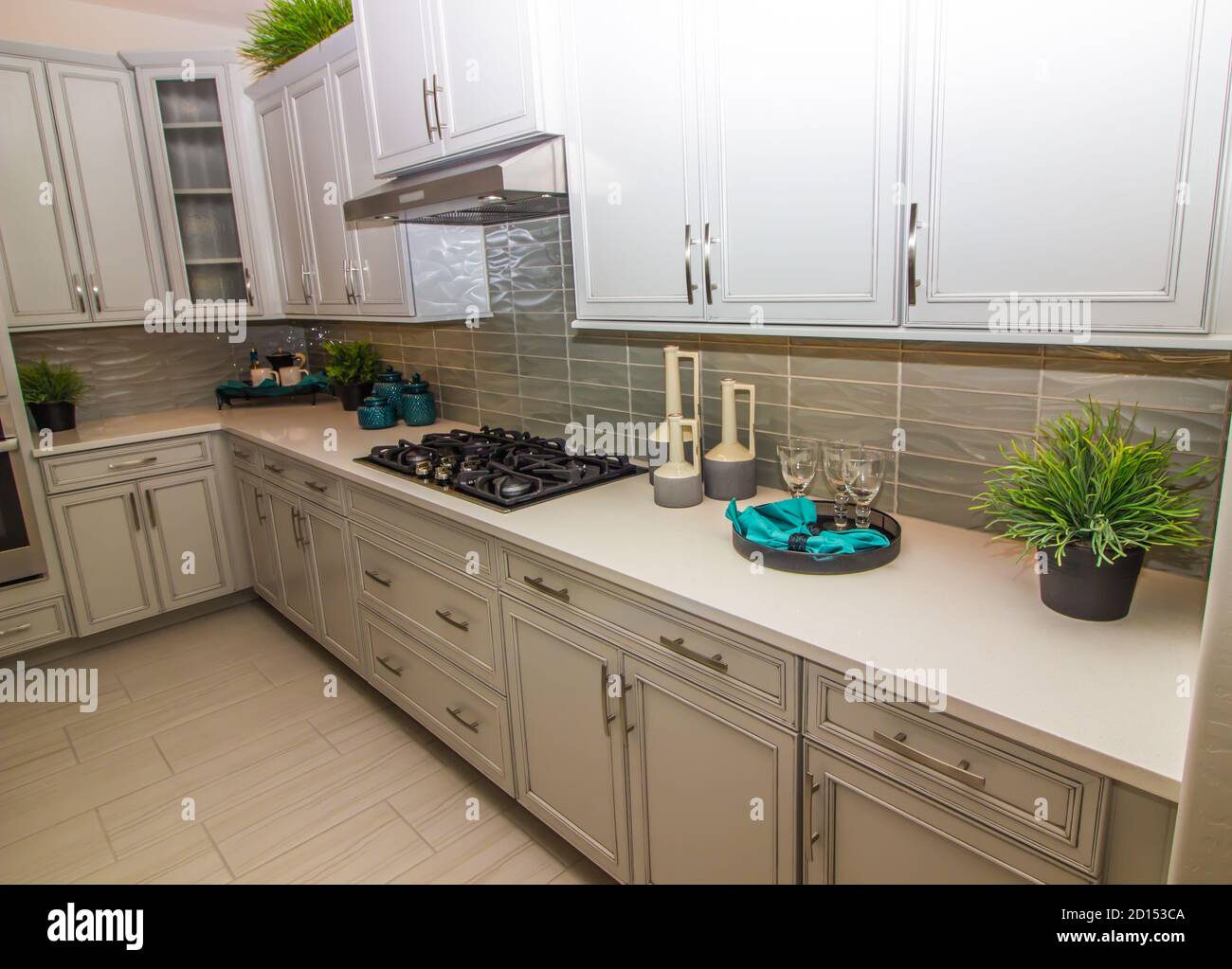 Modern Kitchen Counter With Gas Cook Top And Decorator Items Stock ...