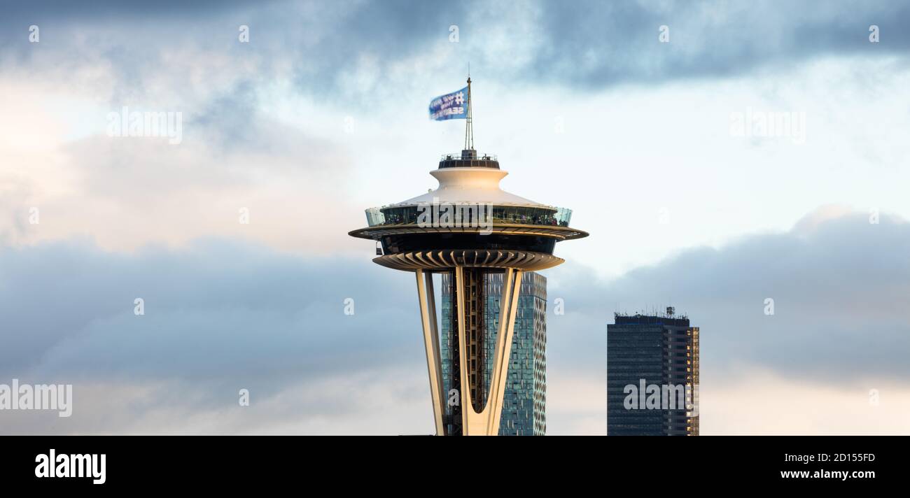 The iconic Space Needle Observation deck lit by a setting sun Stock ...