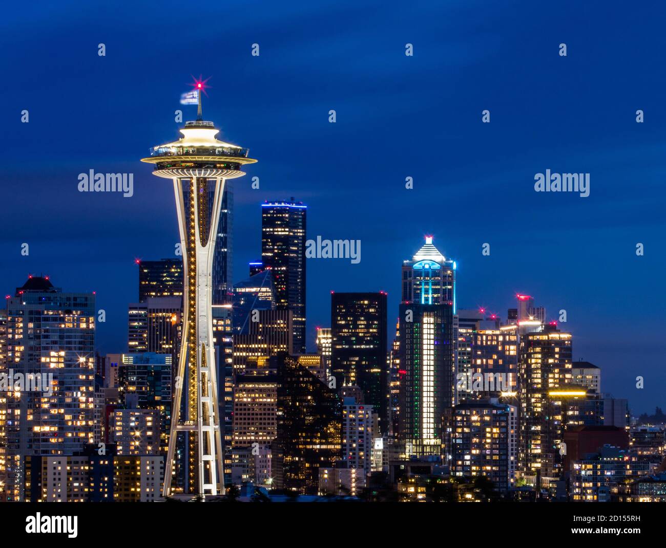 The iconic Space Needle with the Seattle skyline at night Stock Photo ...