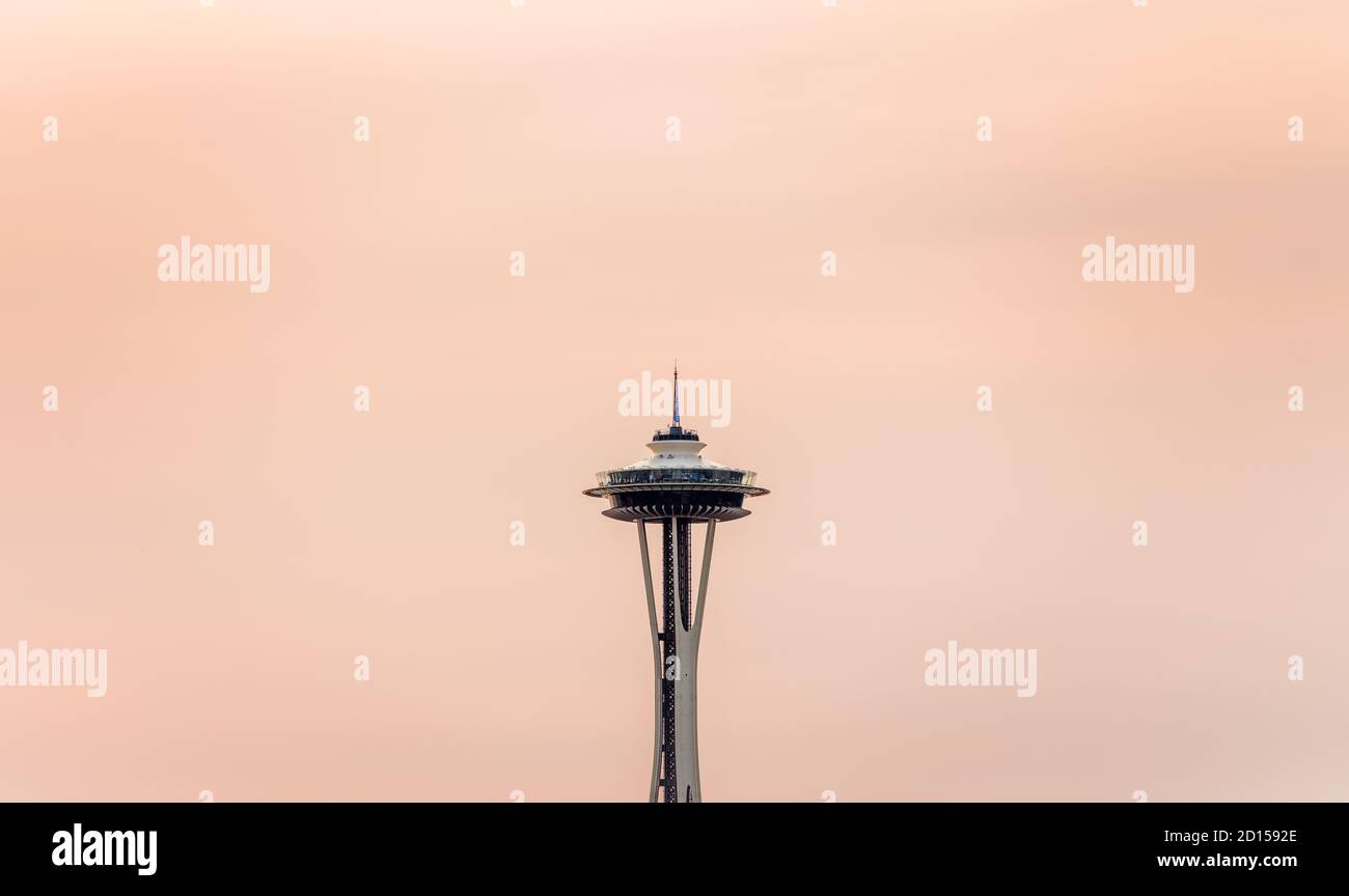 The iconic Seattle Space Needle with pink sunset skies in the ...