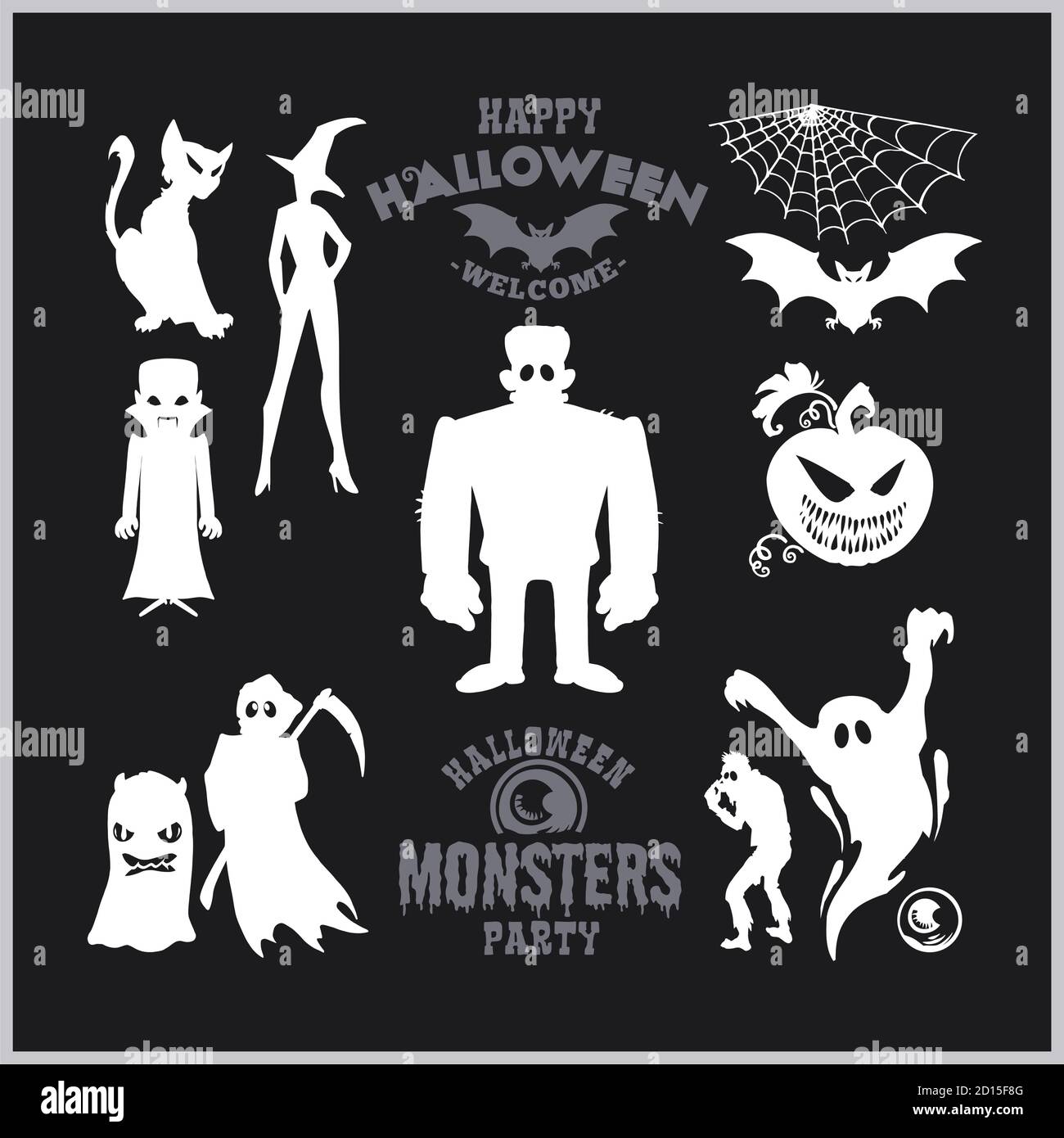 Set of monsters for Halloween. A collection of white silhouettes of ...