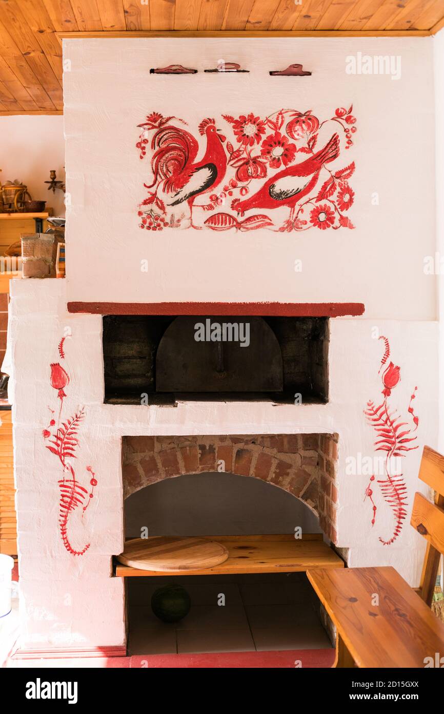 Russian oven, traditional furnace for rural kitchen. Vintage stove with ...