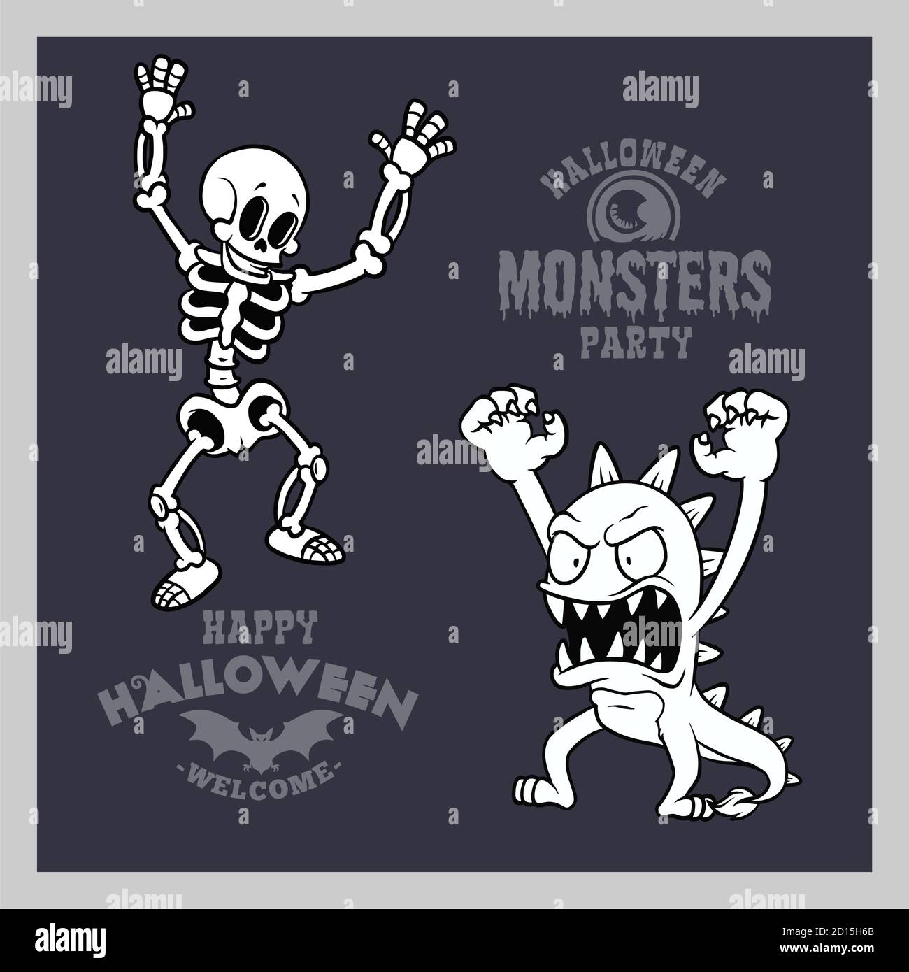 Set of cartoon monsters for Halloween. A collection of black ...