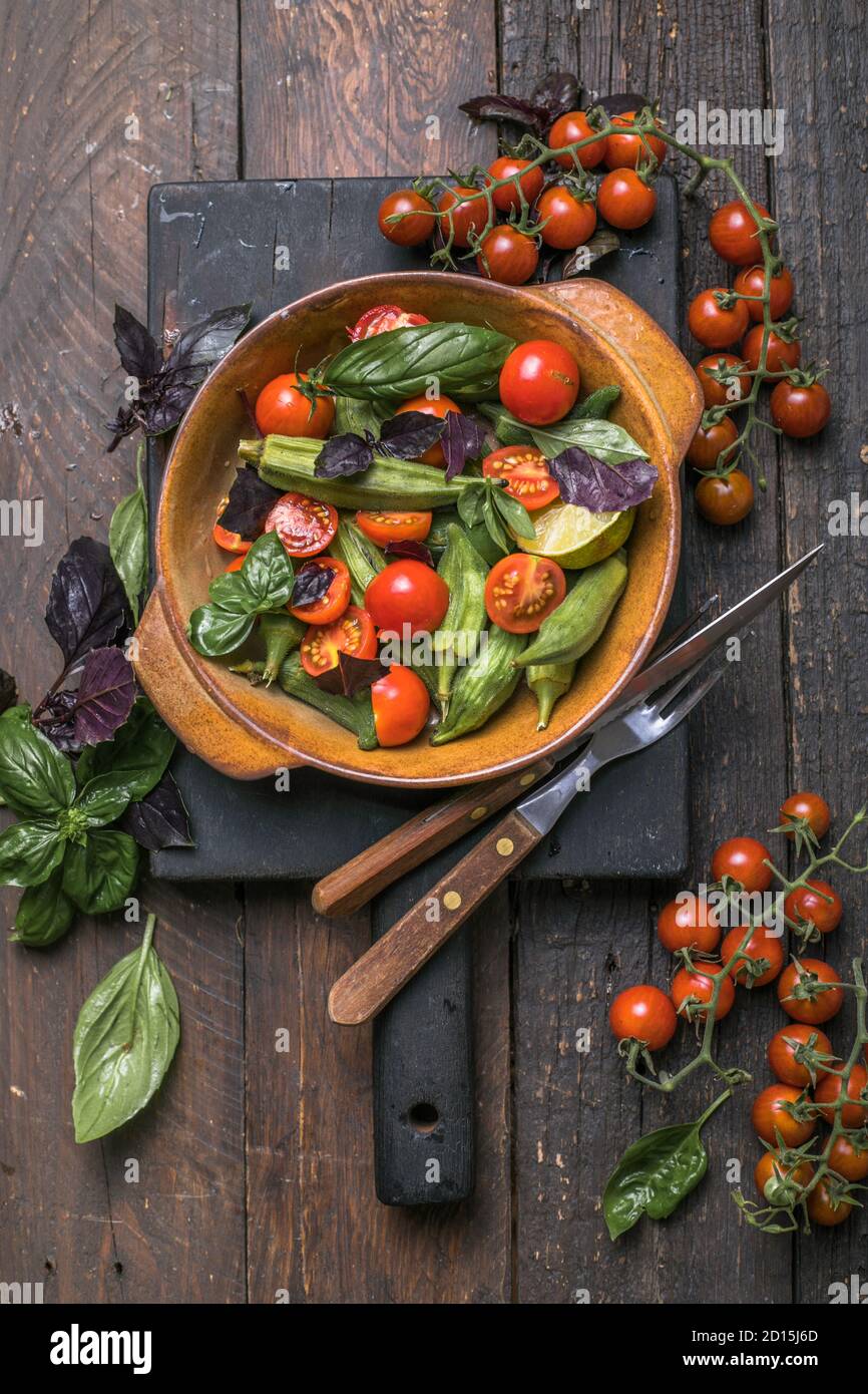 Traditional healthy organic Turkish food Okra with tomato and olive oil ...
