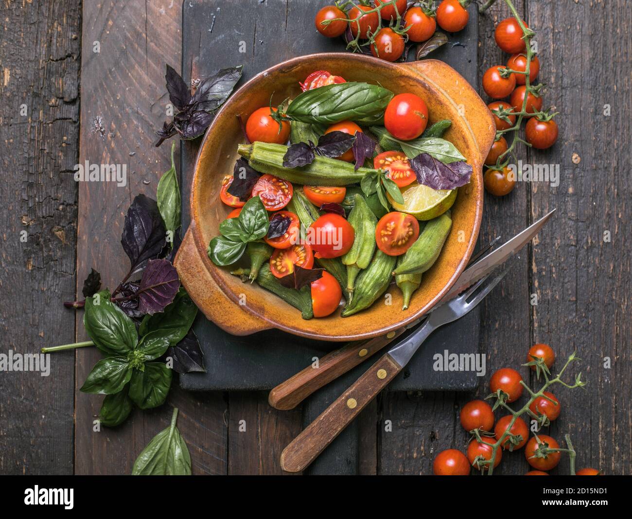 Traditional healthy organic Turkish food Okra with tomato and olive oil ...