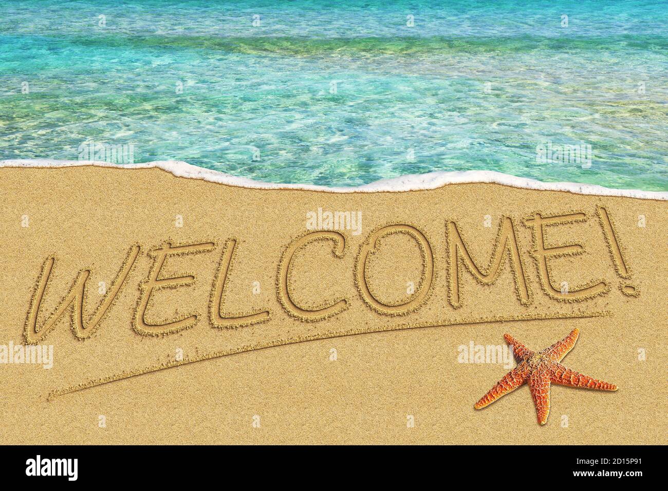 welcome text inscription on the sand shore tropical clear sea Stock ...