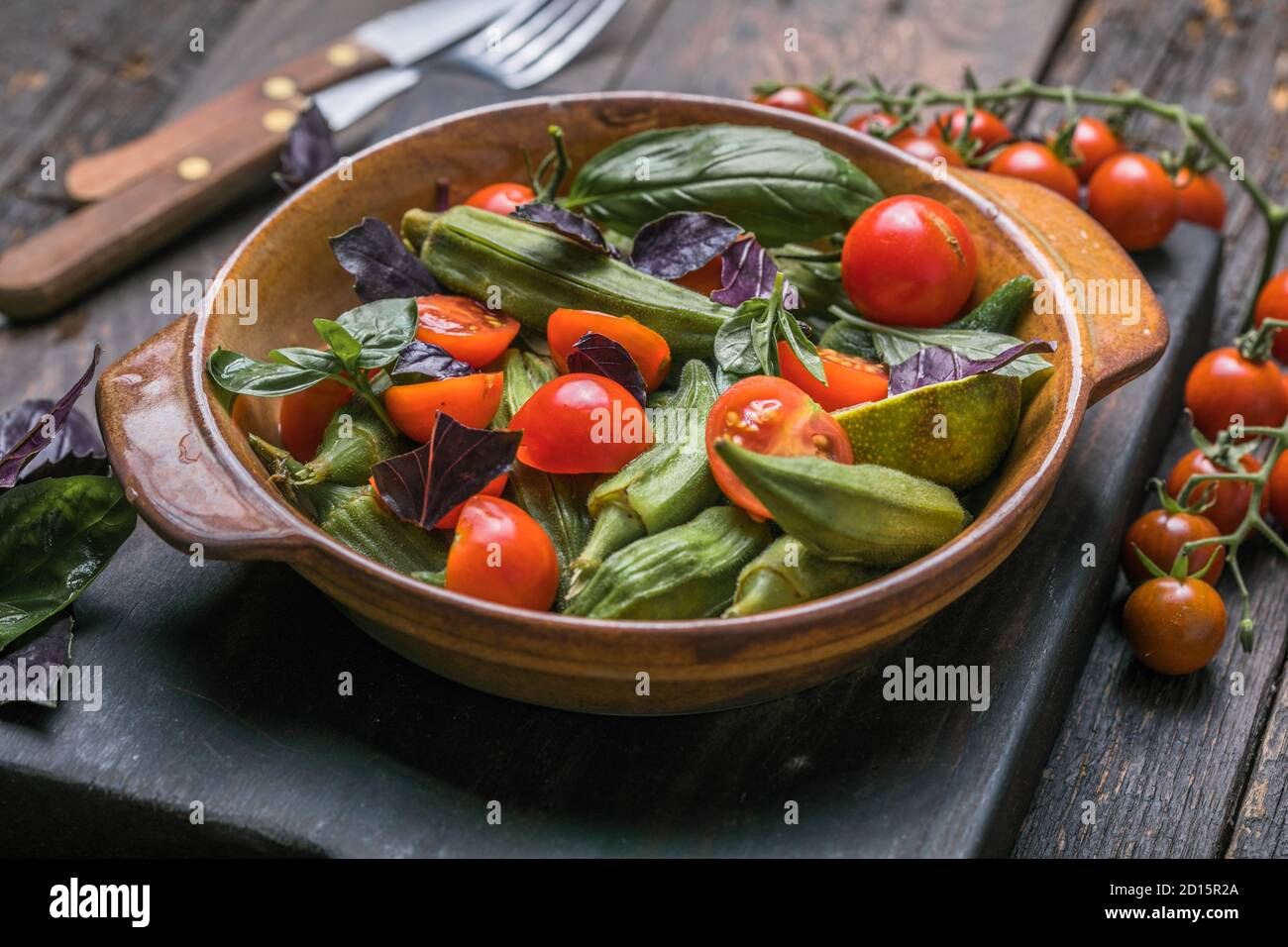 Traditional healthy organic Turkish food Okra with tomato and olive oil ...