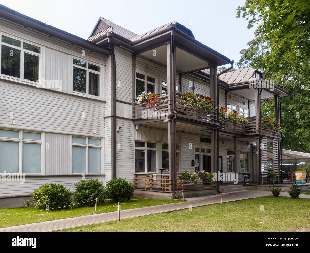 historical old wooden buildings on the streets of Druskininkai ...