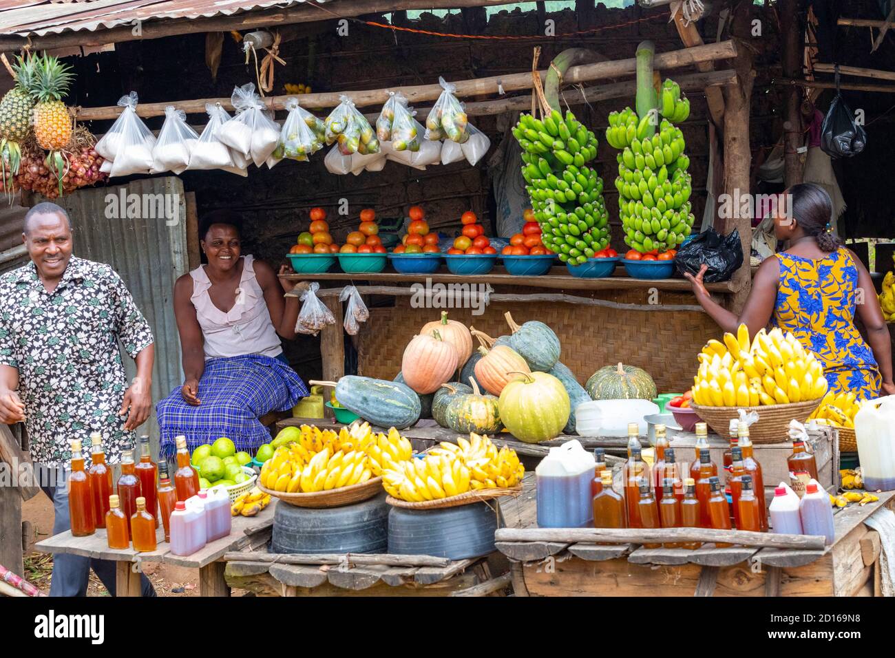 Uganda, Hills of Central Africa, Local fruit and vegetable market along ...