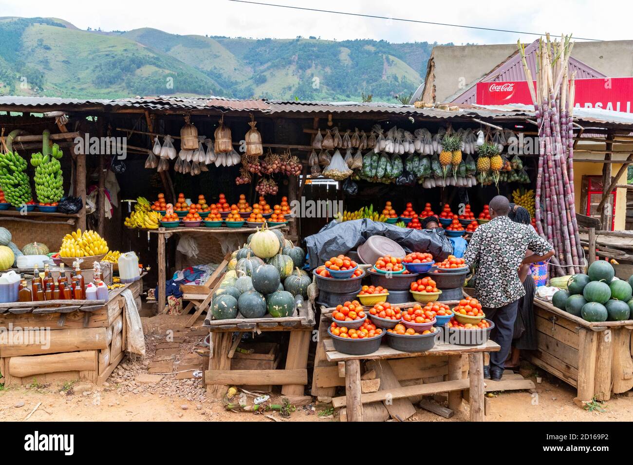 Uganda, Hills of Central Africa, Local fruit and vegetable market along ...