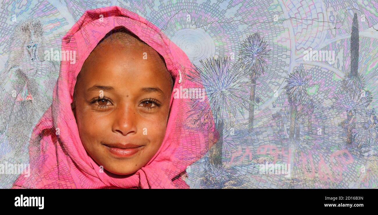 Ethiopia, Amhara, Debark, little girl with a pink veil on the head ...