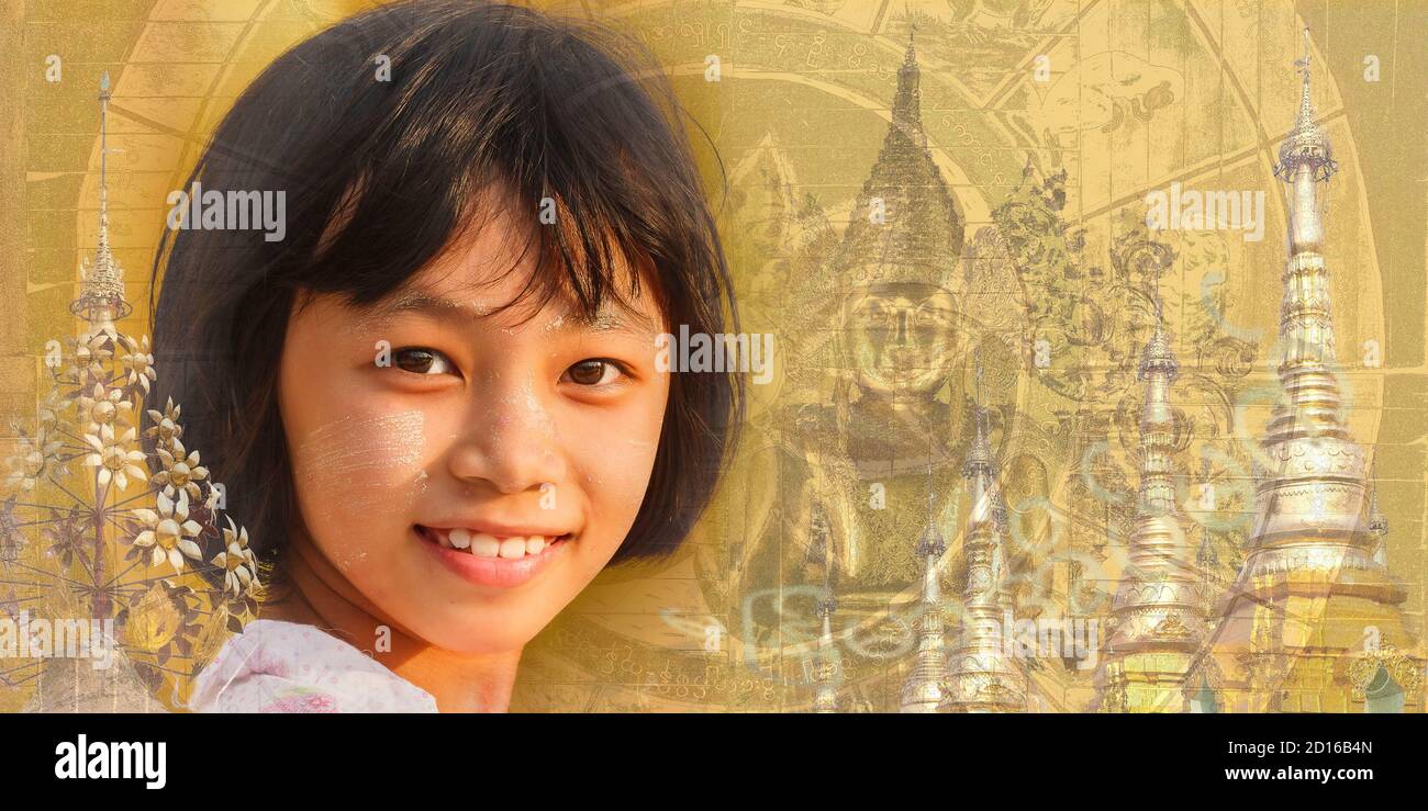 Myanmar (Burma), Yangon state, Yangon, young girl portrait, photographic composition series ...