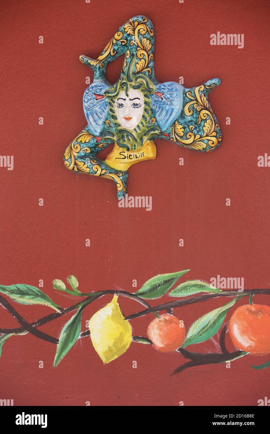 Italy, Sicily, Taormina, ceramic triskele, the historical symbol of the ...