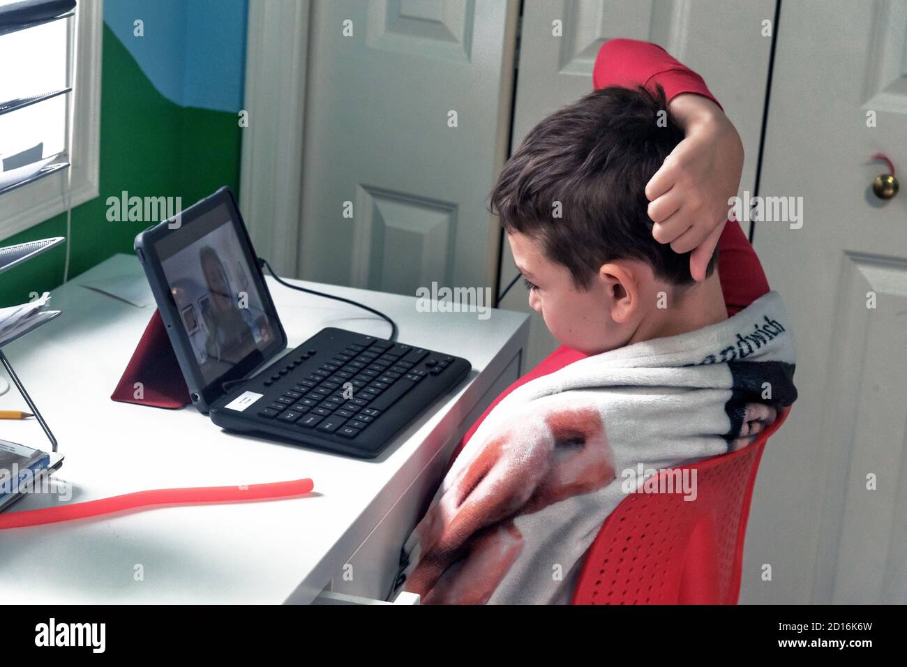 Difficult task, 4nd grade student during distance learning class ...