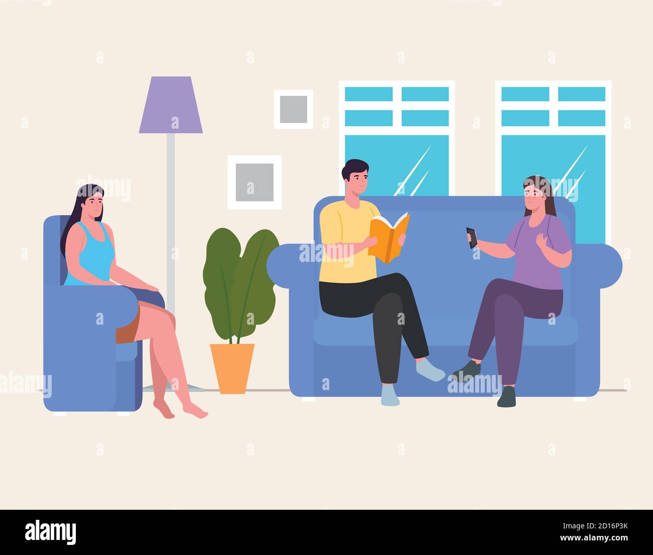 people doing activities on couch and chair at home vector design Stock ...