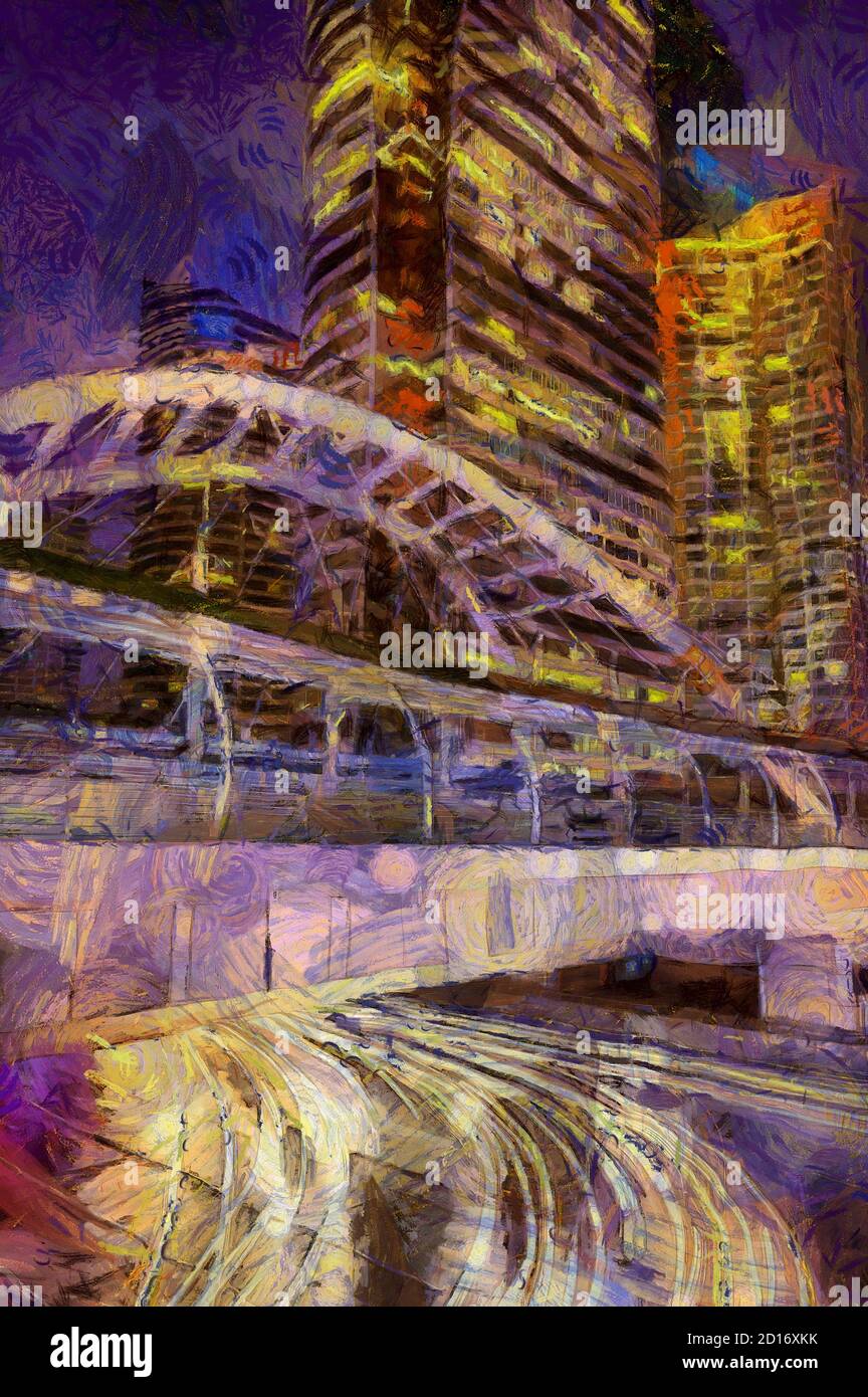 Bangkok city landscape at night Illustrations creates ant style ...