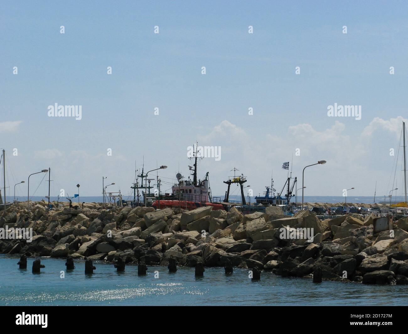 Close up of ship and coastal erosion defences at harbour dock Stock ...