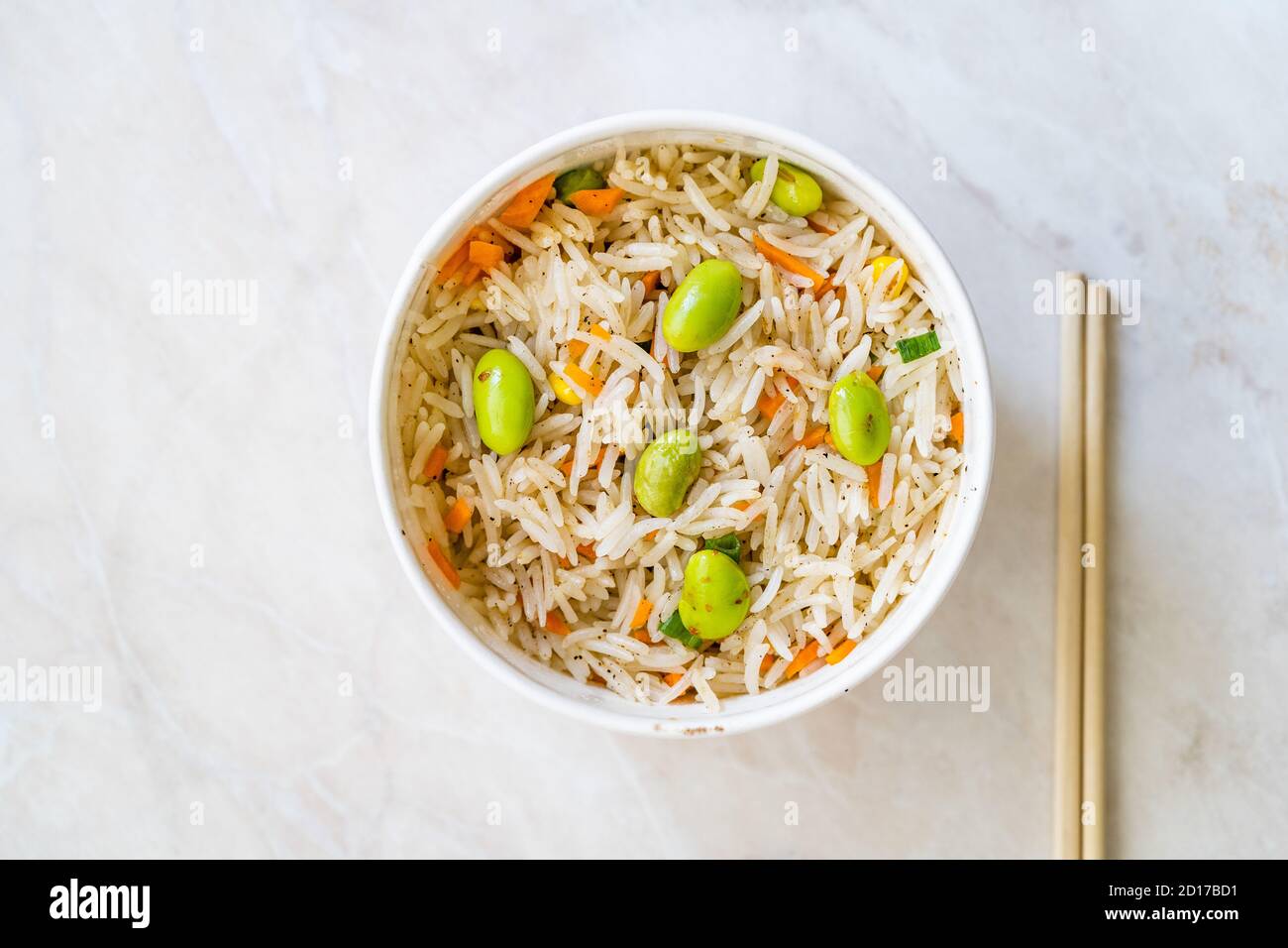 Take Away Boiled Steamed Basmati Rice with Edamame Beans in Plastic Cup ...