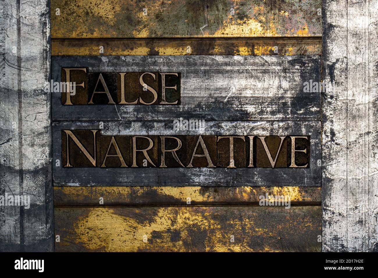False Narrative text message on textured grunge copper and vintage gold ...