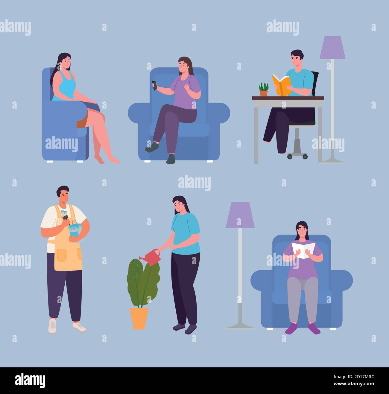 people doing activities at home icon set vector design Stock Vector ...