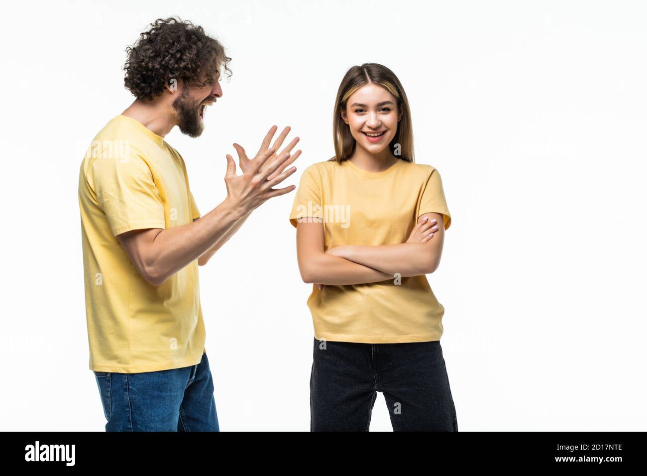 Closeup portrait of young angry couple, man, woman, screaming at each ...