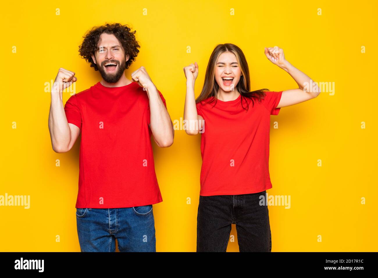 Portrait of two nice attractive couple having fun lottery win winner ...