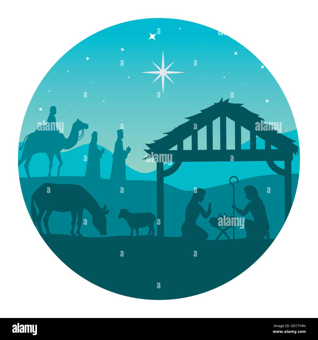 merry christmas nativity mary joseph and three wise men in circle ...