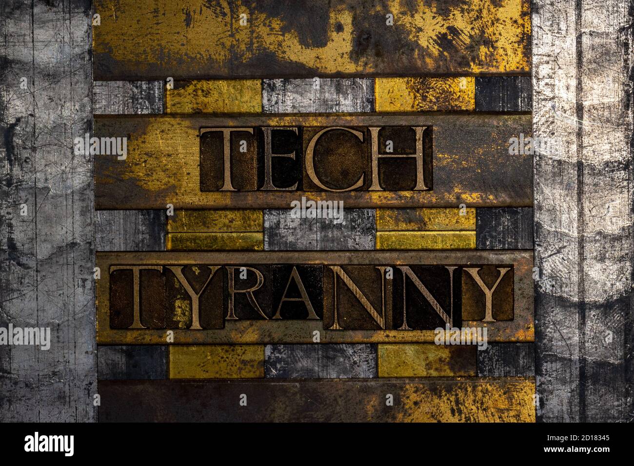 Tech Tyranny text message on textured grunge copper and vintage gold ...