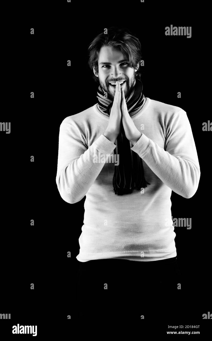 Guy with beard and moustache smiling or laughing, isolated on black ...