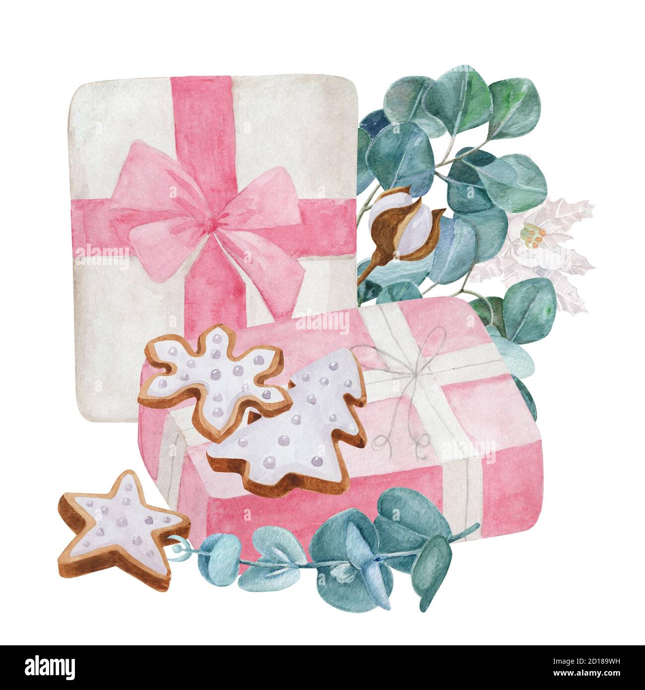 Hand painted wrapped gifts with ribbons isolated on white background ...