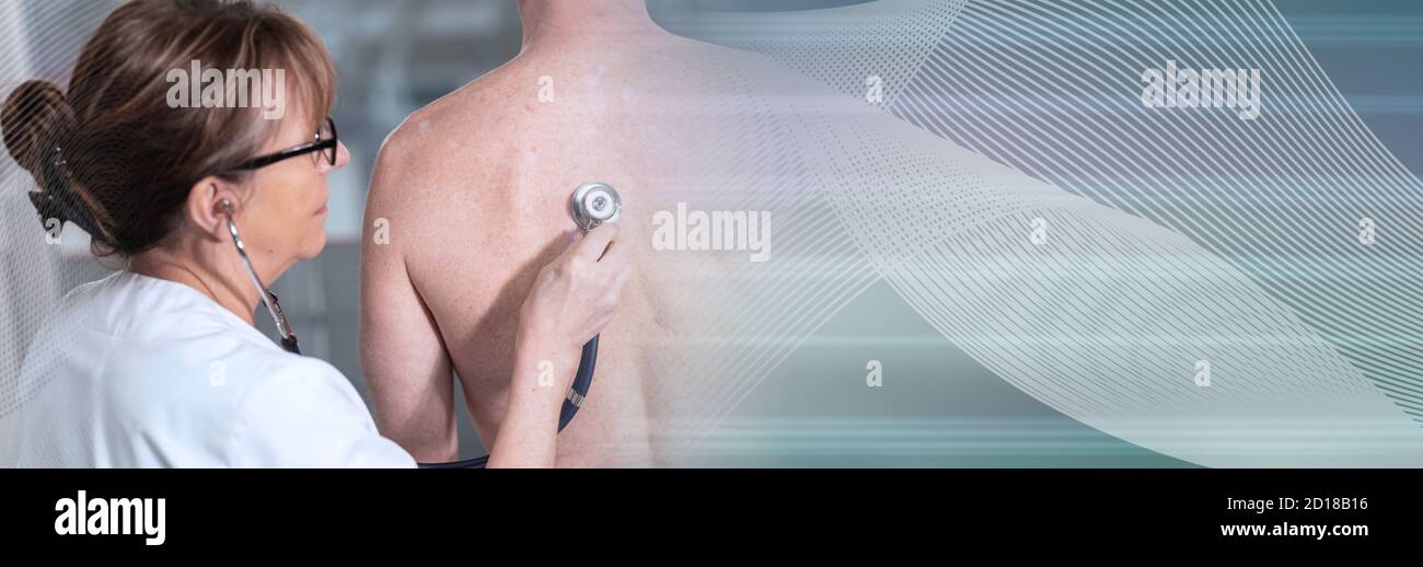 Female doctor using stethoscope to exam patient; panoramic banner Stock ...