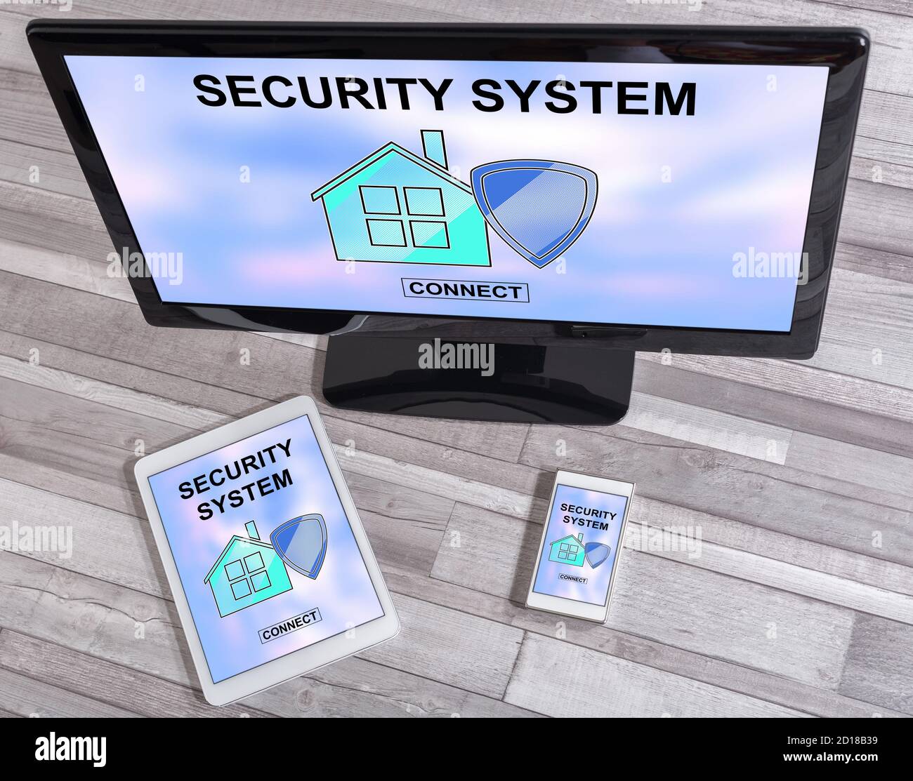 Home security system concept shown on different information technology ...