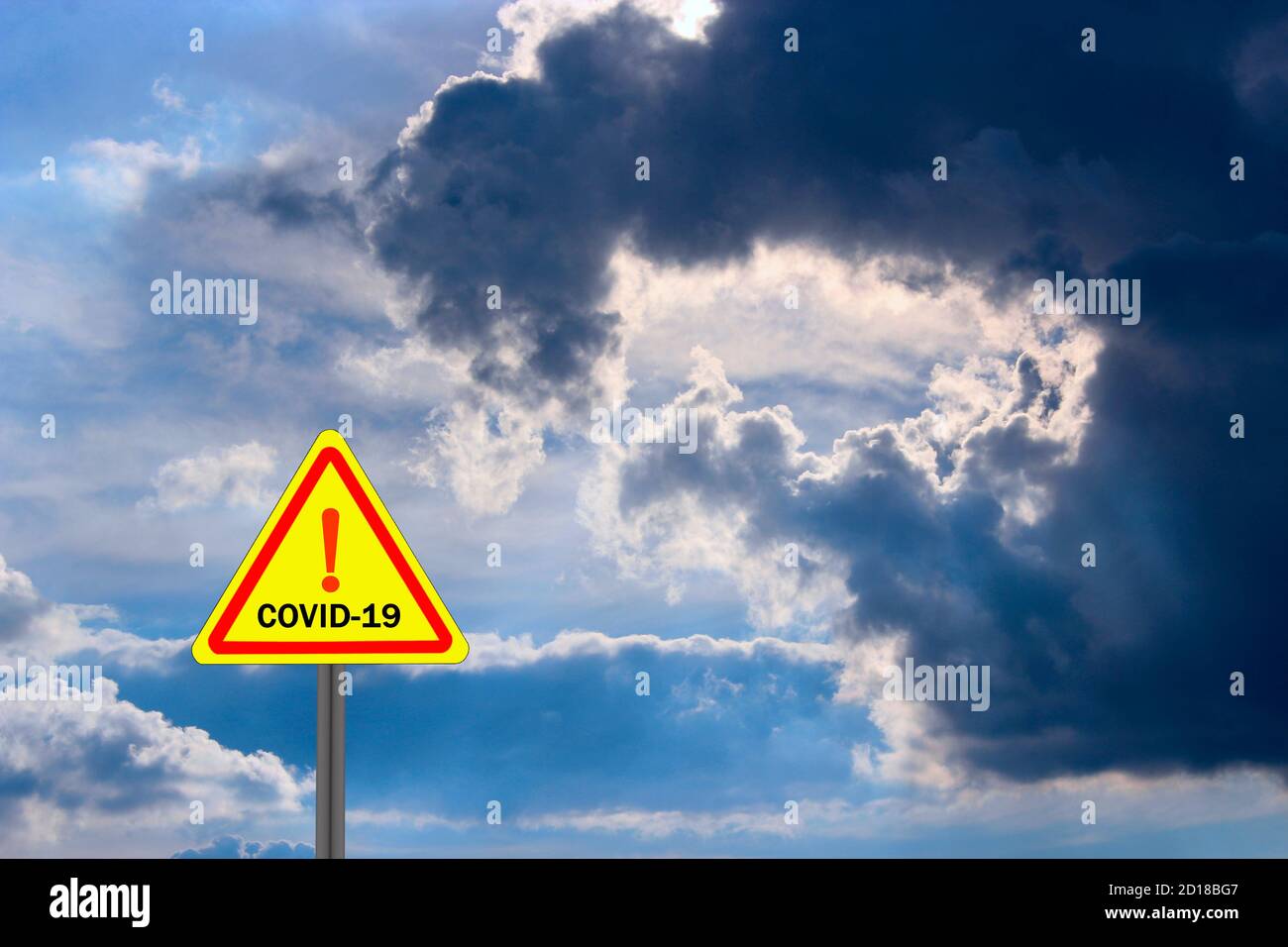 Road sign with inscription COVID-19. Coronavirus warning sign and awful ...