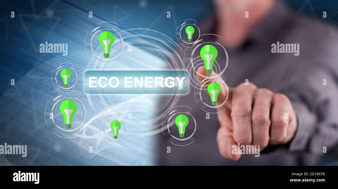 Man touching an eco energy concept on a touch screen with his finger ...