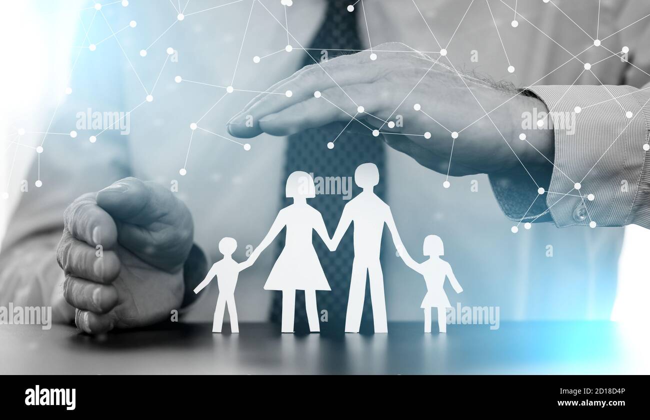 Insurer protecting a family with his hands; multiple exposure Stock ...
