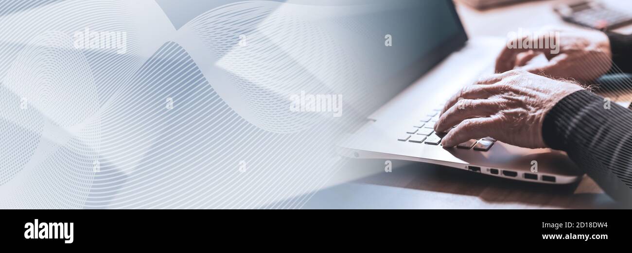 Male hands typing on laptop keyboard; panoramic banner Stock Photo - Alamy