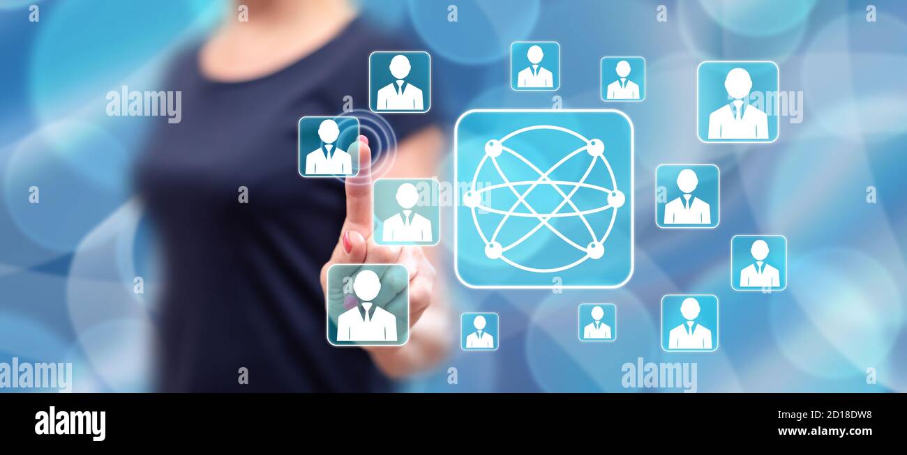 Woman touching a social media network concept on a touch screen with ...