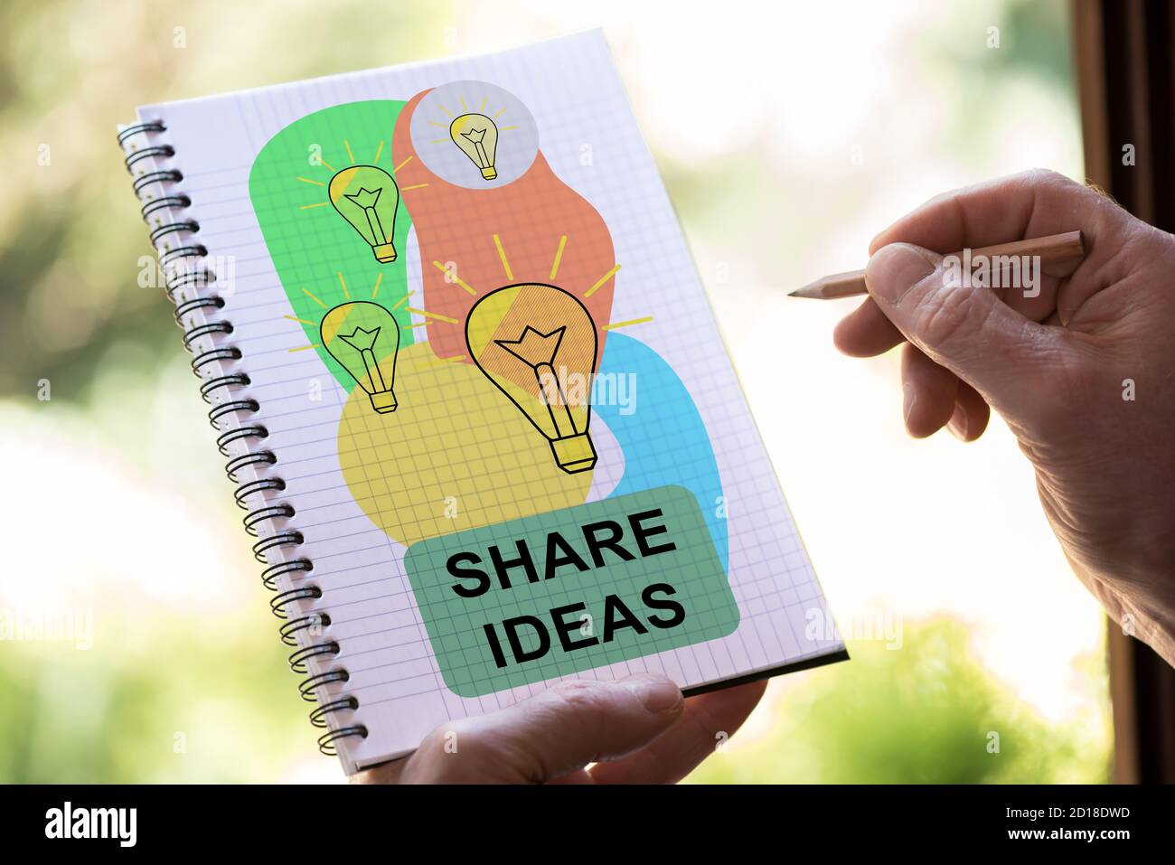 Hand drawing share ideas concept on a notepad Stock Photo - Alamy
