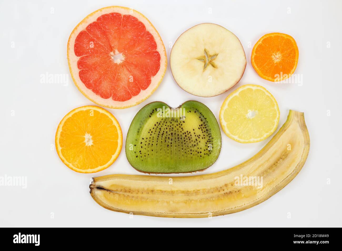 thin slicing different fruits on white background Stock Photo - Alamy