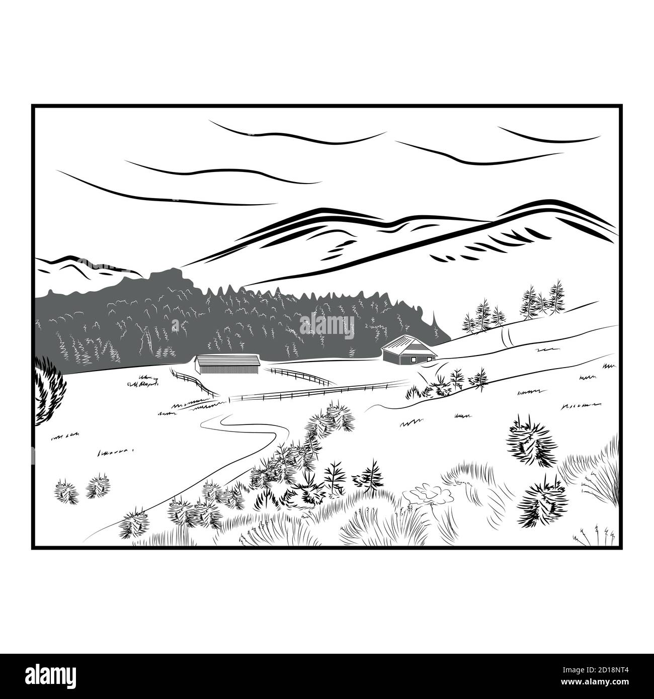 Hand drawn landscape with road to house and pine forest. Sketch line ...