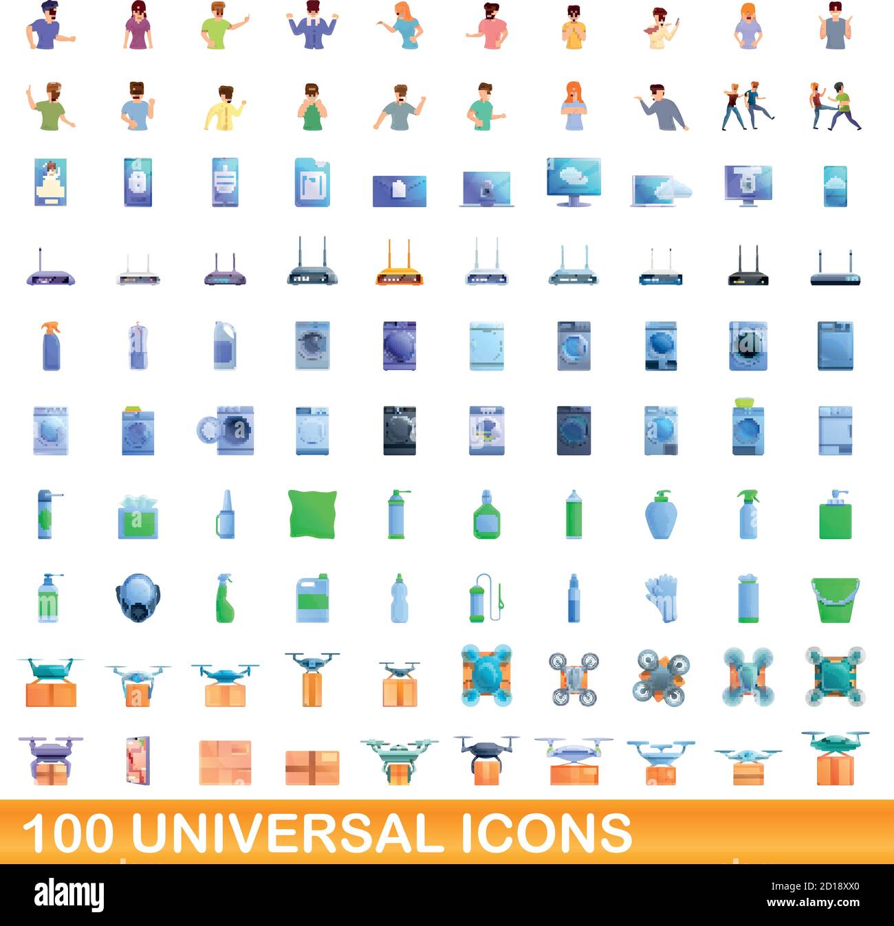 100 universal icons set. Cartoon illustration of 100 universal icons ...