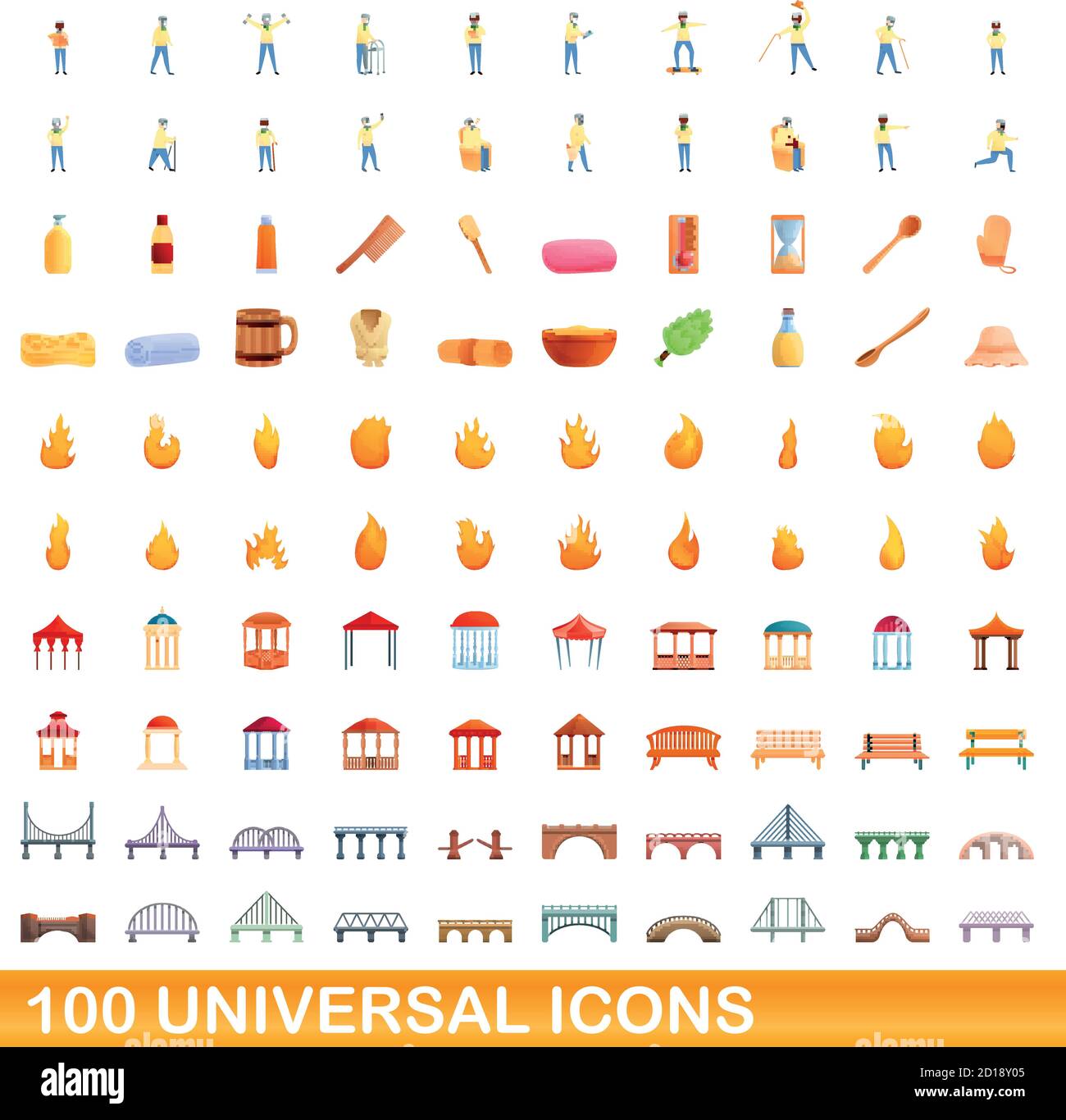 100 universal icons set. Cartoon illustration of 100 universal icons ...