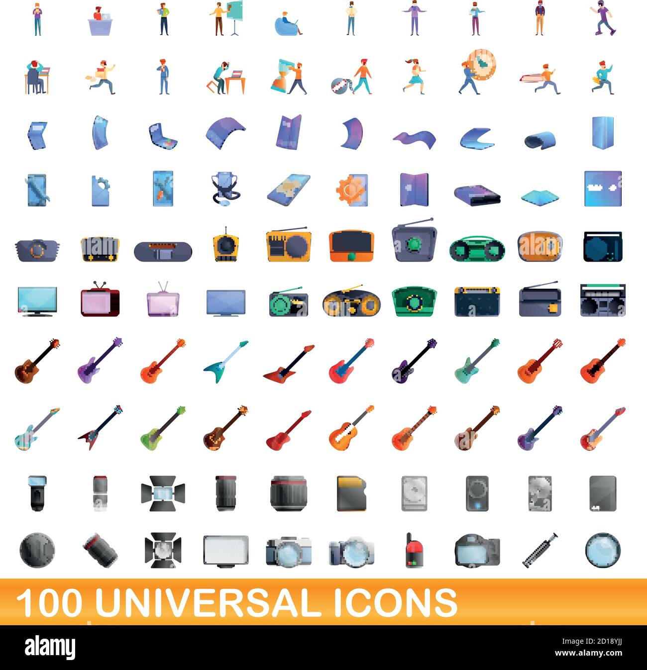 100 universal icons set. Cartoon illustration of 100 universal icons ...