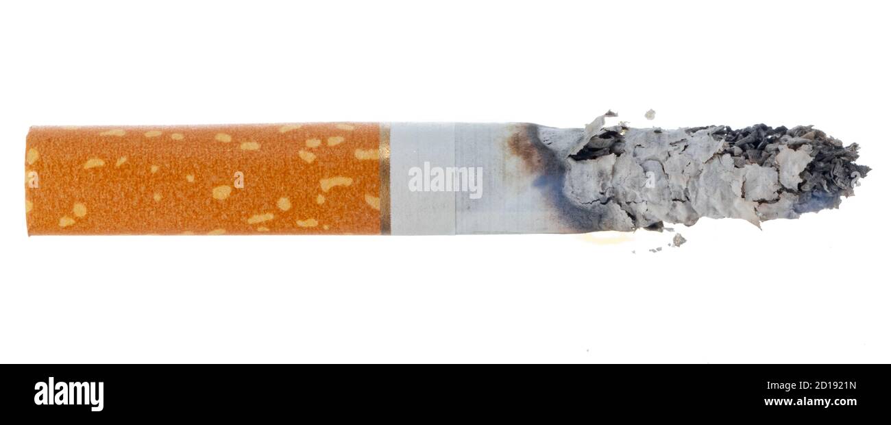 Lit cigarette isolated on white background close up Stock Photo - Alamy