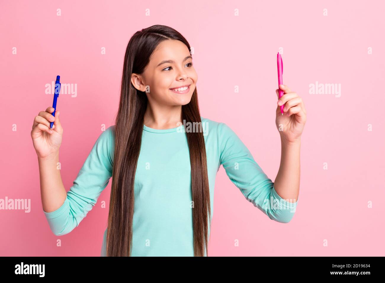 Photo of lovely cute small clever latin lady long hairstyle hands hold ...