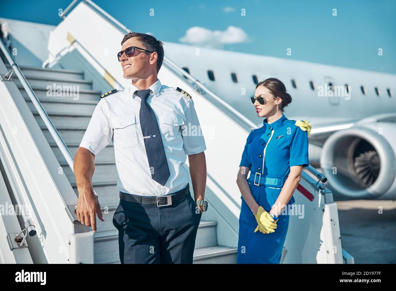 Cheerful pilot and stewardess standing on stairway Stock Photo - Alamy