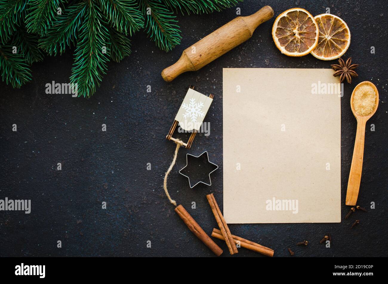 Christmas culinary background for menu or recipe. Blank paper with ...