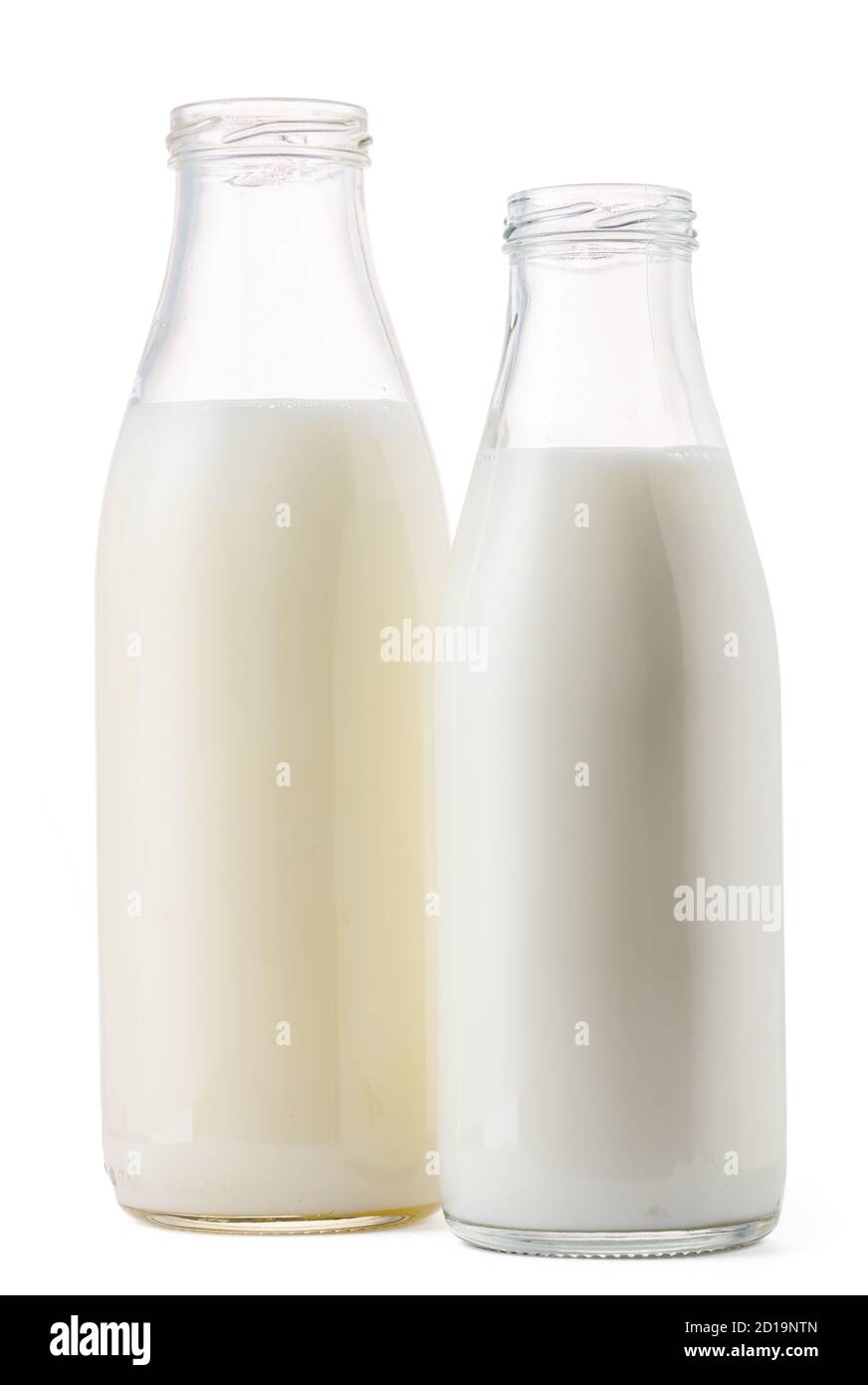 Open glass bottle of milk isolated on white Stock Photo - Alamy